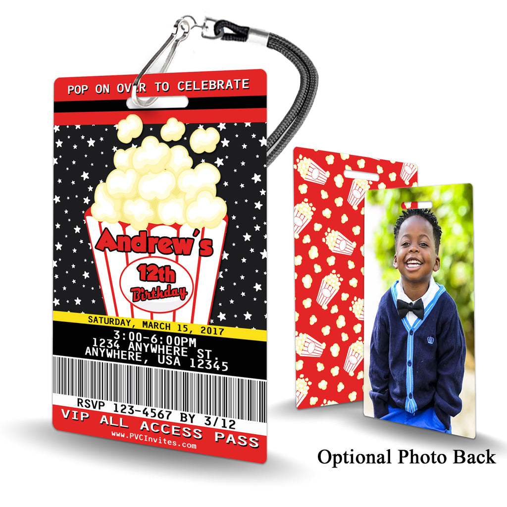 Popcorn Birthday Invitations - PVC Invites - VIP Birthday Invitations