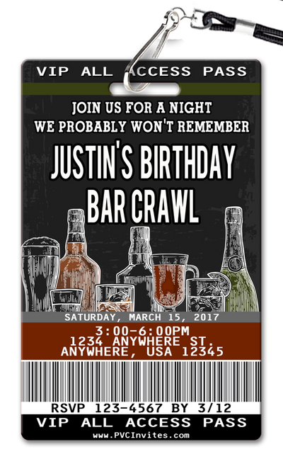 Bar Crawl Birthday Invitation - PVC Invites - VIP Birthday Invitations